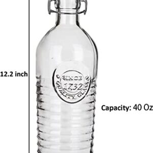 Nicunom 4 Pack Flip Top Glass Bottle, 40 Oz. / 1.2 Liter Clear Glass Pitcher Swing Top Brewing Bottle with Stopper for Beverages, Oils, Kombucha, Beer, Kiefer, Water, Soda, Airtight Seal & Metal Clamp