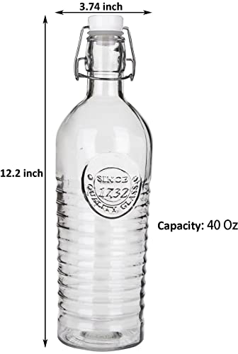 Nicunom 4 Pack Flip Top Glass Bottle, 40 Oz. / 1.2 Liter Clear Glass Pitcher Swing Top Brewing Bottle with Stopper for Beverages, Oils, Kombucha, Beer, Kiefer, Water, Soda, Airtight Seal & Metal Clamp