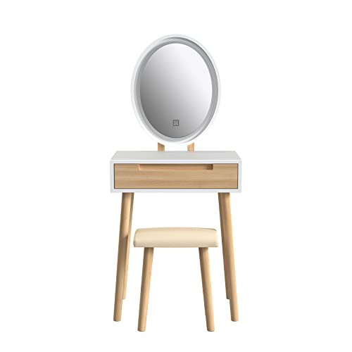 YOURLITE Makeup Vanity Table Set with 3 Modes Adjustable Lighted Mirror Cushioned Stool, Dressing Table for Small Space