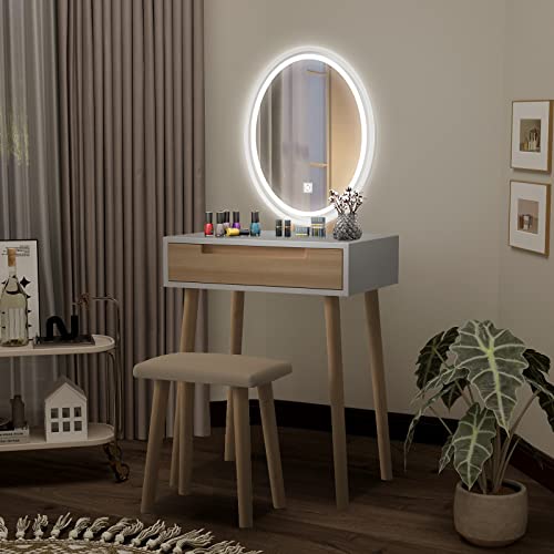 YOURLITE Makeup Vanity Table Set with 3 Modes Adjustable Lighted Mirror Cushioned Stool, Dressing Table for Small Space