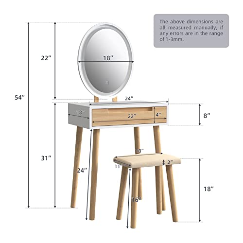 YOURLITE Makeup Vanity Table Set with 3 Modes Adjustable Lighted Mirror Cushioned Stool, Dressing Table for Small Space