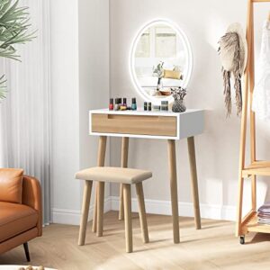 YOURLITE Makeup Vanity Table Set with 3 Modes Adjustable Lighted Mirror Cushioned Stool, Dressing Table for Small Space