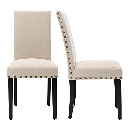 LSSBOUGHT Set of 2 Fabric Upholstered Dining Chair with Nailheads and Sturdy Wooden Legs, Beige