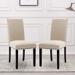 LSSBOUGHT Set of 2 Fabric Upholstered Dining Chair with Nailheads and Sturdy Wooden Legs, Beige