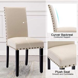 LSSBOUGHT Set of 2 Fabric Upholstered Dining Chair with Nailheads and Sturdy Wooden Legs, Beige