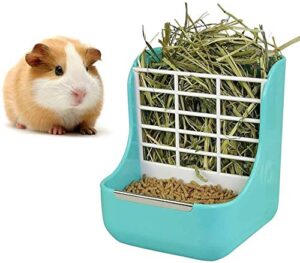 rabbit feeder bunny guinea pig hay feeder, hay food bin feeder, hay and food feeder bowls manger rack for rabbit guinea pig chinchilla (6*6*7 inches, blue)