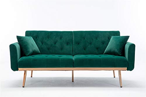 SZLIZCCC 63" Accent Sofa, Mid Century Modern Velvet Fabric Couch， Convertible Futon Sofa Bed ，Recliner Couch Accent Sofa Loveseat Sofa with Gold Metal Feet (Green)