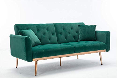 SZLIZCCC 63" Accent Sofa, Mid Century Modern Velvet Fabric Couch， Convertible Futon Sofa Bed ，Recliner Couch Accent Sofa Loveseat Sofa with Gold Metal Feet (Green)