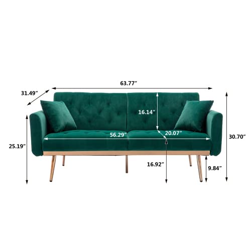 SZLIZCCC 63" Accent Sofa, Mid Century Modern Velvet Fabric Couch， Convertible Futon Sofa Bed ，Recliner Couch Accent Sofa Loveseat Sofa with Gold Metal Feet (Green)