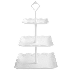 doryum three tiers white cake display stand with fittings, plastic square cake stand display fruit plate, dessert stand, cupcake stand party serving platter stand for birthday weeding party