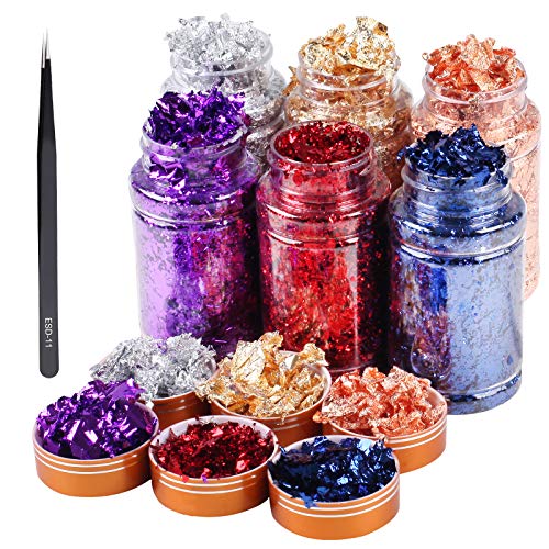 Gold Foil Flakes for Resin, 6 Bottles Gilding Flakes Metallic Foil Flakes with Tweezers for Nails,Painting,Crafts,Slime (Gold,Silver,Copper,Red,Blue,Purple Colors)