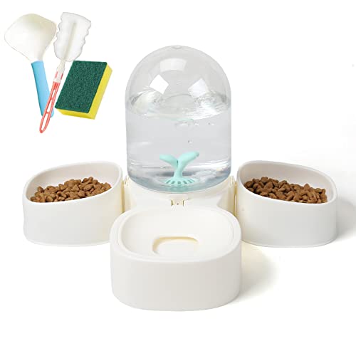 PetEiZi 2 in 1 Double Pet Cat Food Feeder Bowls 2.0L Large Automatic Unplugged Dog Water Dispenser Detachable No-Spill for Cats and Small Puppy Dogs - White