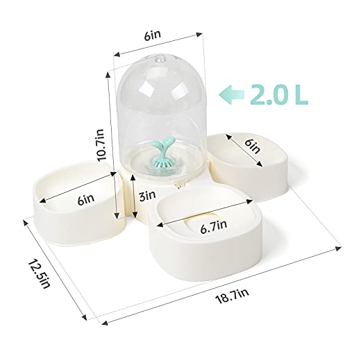 PetEiZi 2 in 1 Double Pet Cat Food Feeder Bowls 2.0L Large Automatic Unplugged Dog Water Dispenser Detachable No-Spill for Cats and Small Puppy Dogs - White