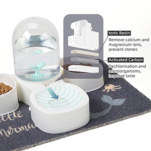 PetEiZi 2 in 1 Double Pet Cat Food Feeder Bowls 2.0L Large Automatic Unplugged Dog Water Dispenser Detachable No-Spill for Cats and Small Puppy Dogs - White