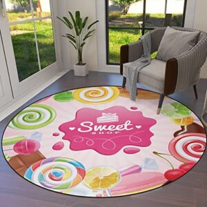 our dreams round area rugs children crawling mat non-slip mat, cartoon sweet shop pink candy cake lollipop residential carpet for living dining room kitchen rugs decor colorful donuts, 3.3ft(39in