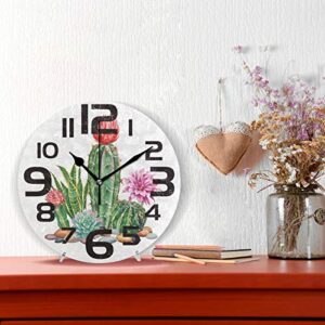 Oreayn Tropical Cactus Flower Wall Clock for Home Office Bedroom Living Room Decor Non Ticking Green