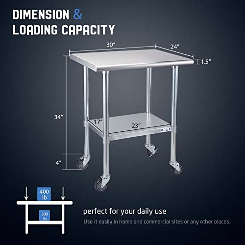 Profeeshaw Stainless Steel Table with Wheels 24x30 Inch, NSF Commercial Kitchen Prep & Work Table with Undershelf and Galvanized Legs for Restaurant, Bar, Utility Room and Garage Heavy Duty Table