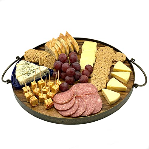 Wrightmart Handmade Round Wooden Serving Tray with Handle, Decorative Food Charcuterie, Beverage Server, Hand Shaped, Displays Natural Variations, Size May Vary Slightly, 14” Diameter