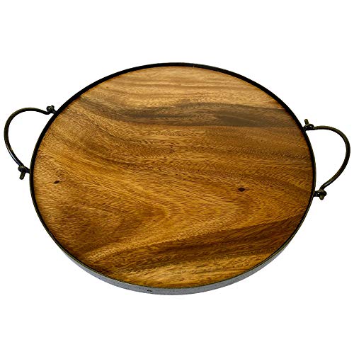 Wrightmart Handmade Round Wooden Serving Tray with Handle, Decorative Food Charcuterie, Beverage Server, Hand Shaped, Displays Natural Variations, Size May Vary Slightly, 14” Diameter