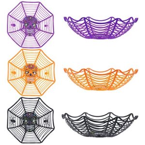 Triumpeek Halloween Party Supplies, Set of 3 Halloween Plastic Trick Treat Bowls, Candy bowl Holder Halloween Spider Web Bowl for Day of The Dead in Orange, Purple and Black