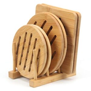 bamboo trivet kitchen natural bamboo trivet mat set heat resistant pads bamboo hot pads trivet non-slip pads square and round for hot dishes/pot/bowl/teapot/pans(2small round+2 round+2square+1rack)