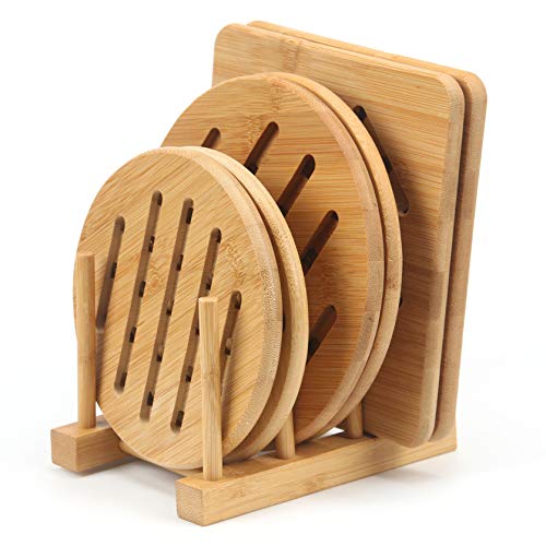 Bamboo Trivet Kitchen Natural Bamboo Trivet Mat Set Heat Resistant Pads Bamboo Hot Pads Trivet Non-Slip Pads Square and Round for Hot Dishes/Pot/Bowl/Teapot/Pans(2Small Round+2 Round+2Square+1Rack)