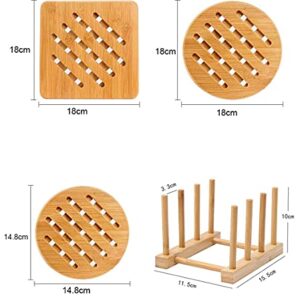 Bamboo Trivet Kitchen Natural Bamboo Trivet Mat Set Heat Resistant Pads Bamboo Hot Pads Trivet Non-Slip Pads Square and Round for Hot Dishes/Pot/Bowl/Teapot/Pans(2Small Round+2 Round+2Square+1Rack)