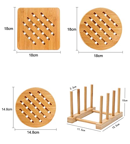 Bamboo Trivet Kitchen Natural Bamboo Trivet Mat Set Heat Resistant Pads Bamboo Hot Pads Trivet Non-Slip Pads Square and Round for Hot Dishes/Pot/Bowl/Teapot/Pans(2Small Round+2 Round+2Square+1Rack)