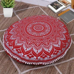 maviss home floor decor round mandala pouf cover | floor yoga pillows cover | round bohemian meditation cushion cover | round pouf cover | 32 inch 80 cm approx; red silver