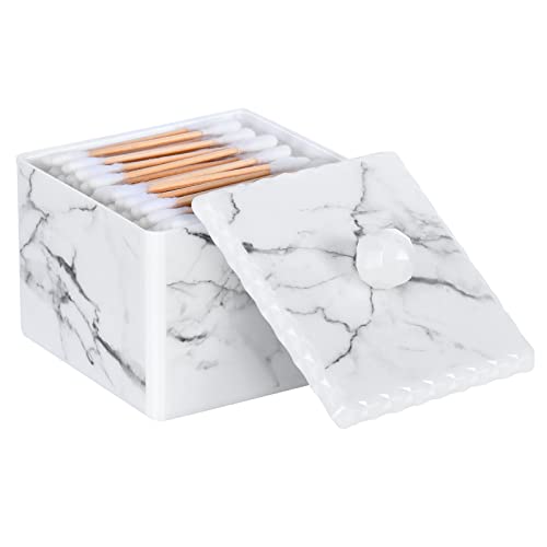 Luxspire Cotton Swab Storage Box with Lid, Q-Tip Swab Holder Cotton Ball Canister Jar Cotton Bud Round Dispenser Box, Cosmetics Makeup Countertop Vanity Bathroom Organizer Containers, Marble White