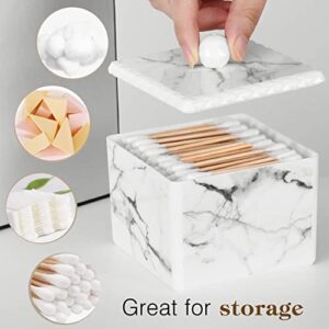 Luxspire Cotton Swab Storage Box with Lid, Q-Tip Swab Holder Cotton Ball Canister Jar Cotton Bud Round Dispenser Box, Cosmetics Makeup Countertop Vanity Bathroom Organizer Containers, Marble White