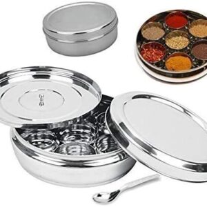 DBY Spice Box Stainless Steel Masala Box Spice Box Dabba Spice Container - 7 Containers Stainless Steel Spice Container Indian Spice Box Double Lid masala box Kitchen Spice Box Spice Box for Chefs