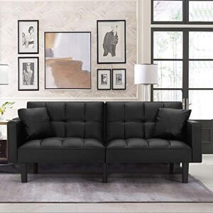 homhum modern leather convertible futon sofa bed folding couch recliner adjustable back with arm set for living room, black