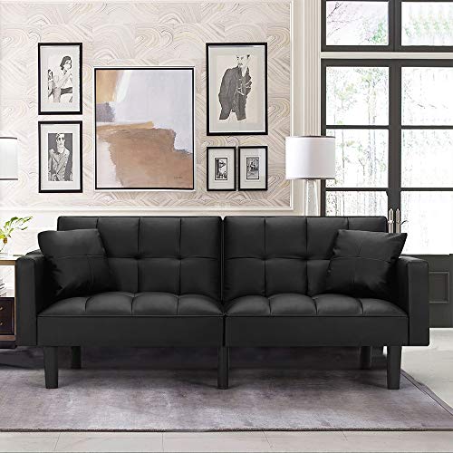 HOMHUM Modern Leather Convertible Futon Sofa Bed Folding Couch Recliner Adjustable Back with Arm Set for Living Room, Black