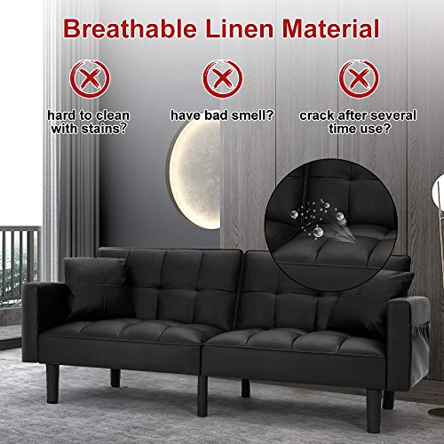 HOMHUM Modern Leather Convertible Futon Sofa Bed Folding Couch Recliner Adjustable Back with Arm Set for Living Room, Black