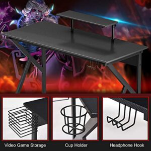 POWERSTONE Gaming Computer Desk - 52” Gaming Desk with Video Game Storage, Cup Holder, Monitor Shelf, Headphone Hook, K-Shaped Computer Desk Writing Workstation for Home Office