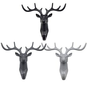 maydahui 3pcs deer head wall hook antler hanger animal shaped key coat hat hooks plastic home decoration black white grey heavy duty for living room bedroom bathroom