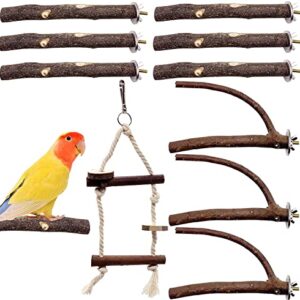 EBaokuup Bird Parrot Perch Stand Set - 10 PCS Natural Wood Bird Parakeet Stand Branch, Fork Perch Rod Stand Paw Grinding Stick Bird Cage Accessories for Pet Budgies Cockatiels Conure Lovebirds