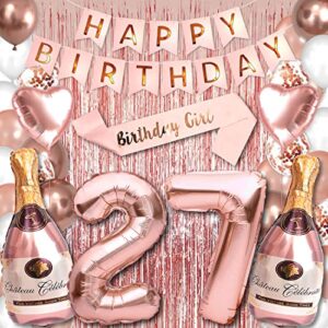 27th birthday party decorations for her rose gold supplies big set with birthday banner and 27 bday digit balloons for women including latex and confetti balloons