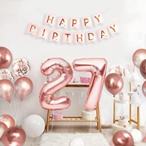 27th Birthday Party Decorations for Her Rose Gold Supplies Big Set with Birthday Banner and 27 BDay Digit Balloons for Women Including Latex and Confetti Balloons