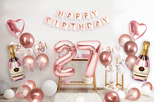 27th Birthday Party Decorations for Her Rose Gold Supplies Big Set with Birthday Banner and 27 BDay Digit Balloons for Women Including Latex and Confetti Balloons