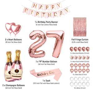 27th Birthday Party Decorations for Her Rose Gold Supplies Big Set with Birthday Banner and 27 BDay Digit Balloons for Women Including Latex and Confetti Balloons