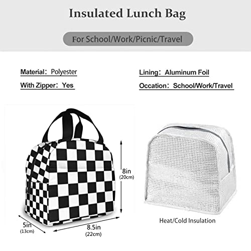 Black White Race Checkered Flag Portable Insulated Lunch Tote Bag Reusable Lunch Box For Men, Women And Kids