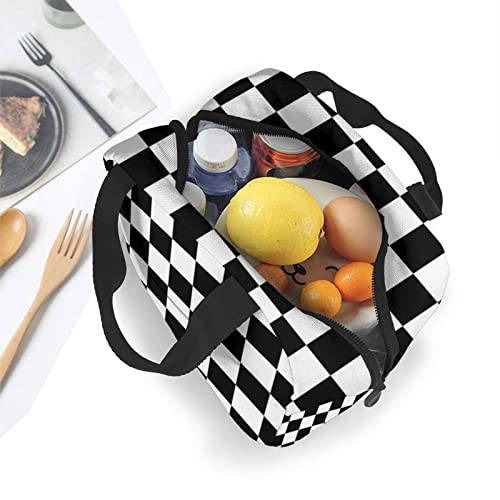 Black White Race Checkered Flag Portable Insulated Lunch Tote Bag Reusable Lunch Box For Men, Women And Kids