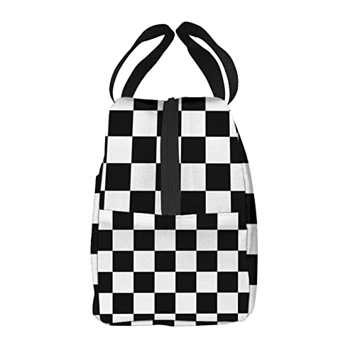 Black White Race Checkered Flag Portable Insulated Lunch Tote Bag Reusable Lunch Box For Men, Women And Kids