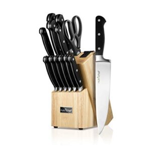 nutrichef 13 piece kitchen knife set - german stainless steel kitchen precision knives set w/ 6 steak knives & bonus scissors, wooden block stand w/ sharpener - slicing, chopping, dicing - nckns13