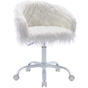 hi&yeah cute unicorn faux fur desk chair with roller wheel, comfy fluffy adjustable height home office chair for teens adults study room bedroom, white