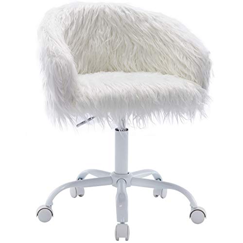 Hi&Yeah Cute Unicorn Faux Fur Desk Chair with Roller Wheel, Comfy Fluffy Adjustable Height Home Office Chair for Teens Adults Study Room Bedroom, White