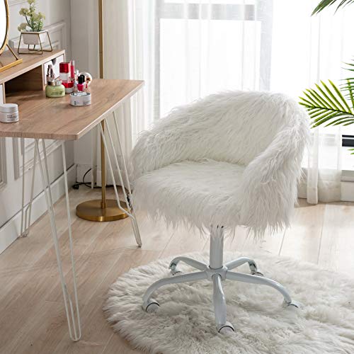 Hi&Yeah Cute Unicorn Faux Fur Desk Chair with Roller Wheel, Comfy Fluffy Adjustable Height Home Office Chair for Teens Adults Study Room Bedroom, White