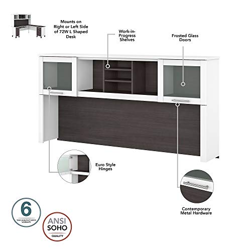 Bush Furniture Somerset 72W 3 Position Sit to Stand L Shaped Desk with Hutch and File Cabinet in White and Storm Gray